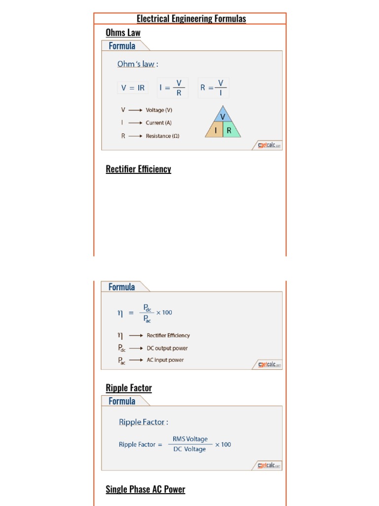 Electrical Engineering Formulas Ohms Law | PDF