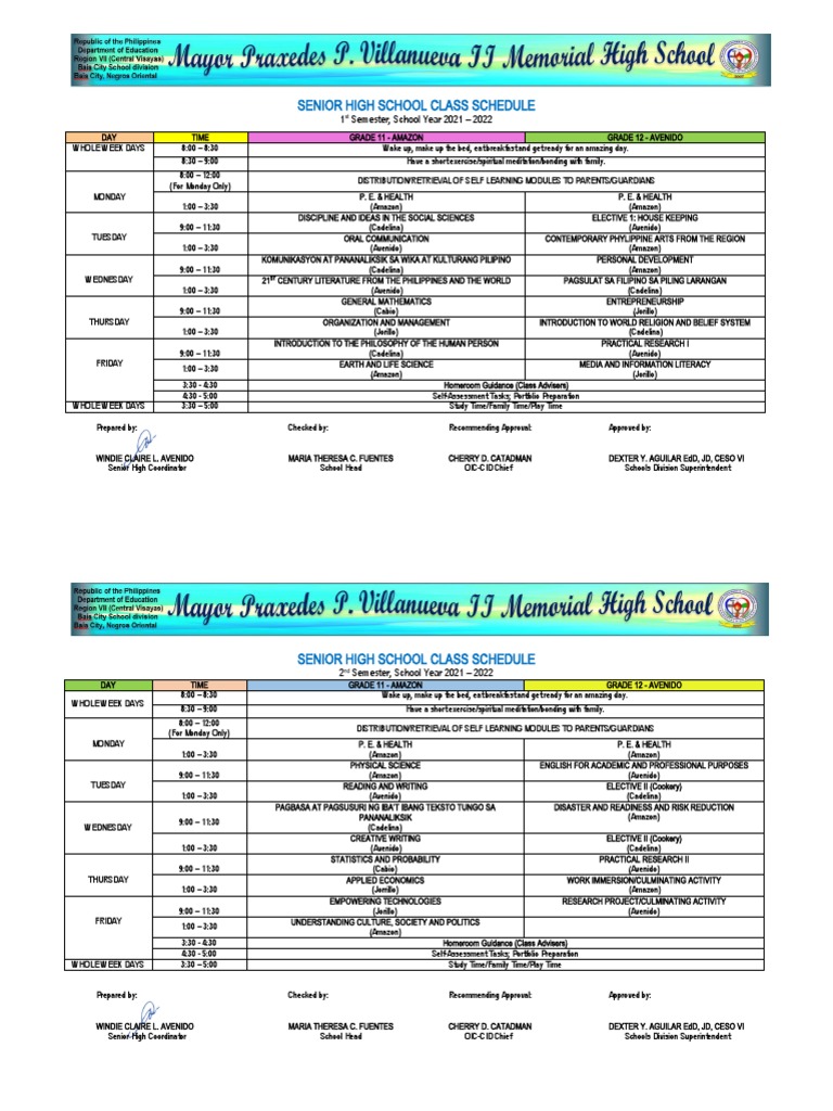 Senior High School Class Schedule | PDF | Cognition