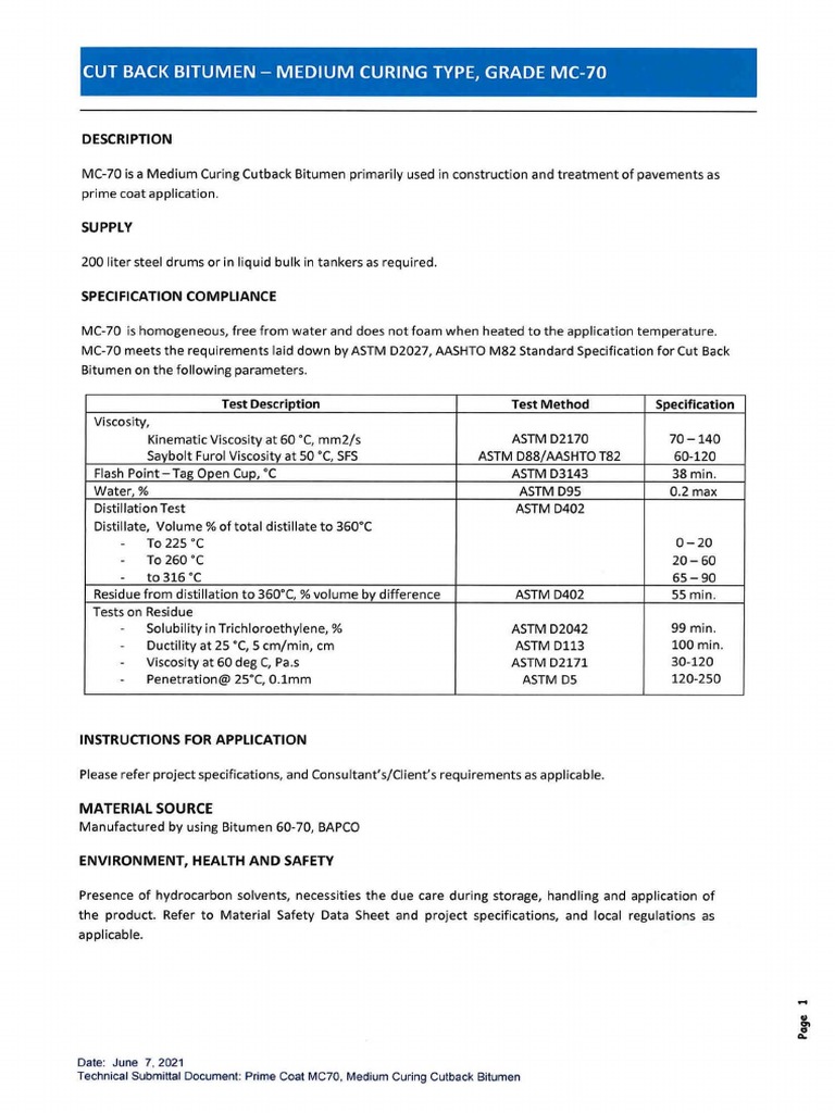 Prime Coat MC-70 Datasheet | PDF