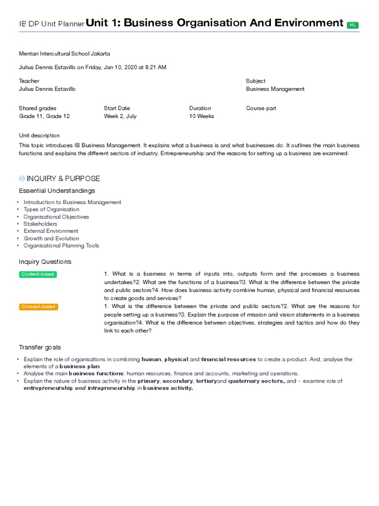 Unit 1 - Business Organisation and Environment | PDF | Learning ...