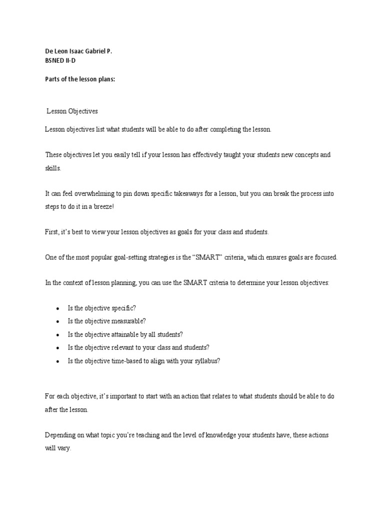 Parts of Lesson Plan | PDF | Lesson Plan | Educational Assessment