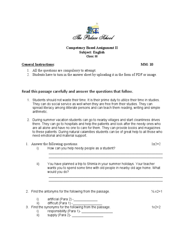 Competency Based Assessment II Class 3 | PDF