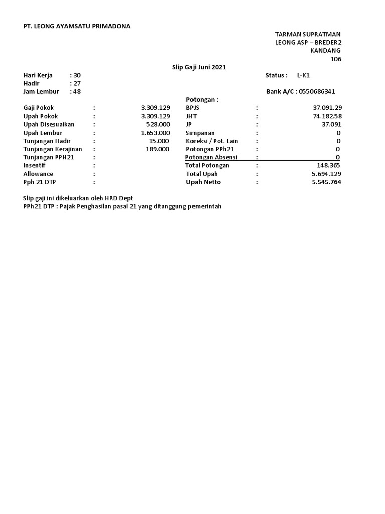 Slip Gaji Pt. Leong Tarman Juni 2021-1 | PDF