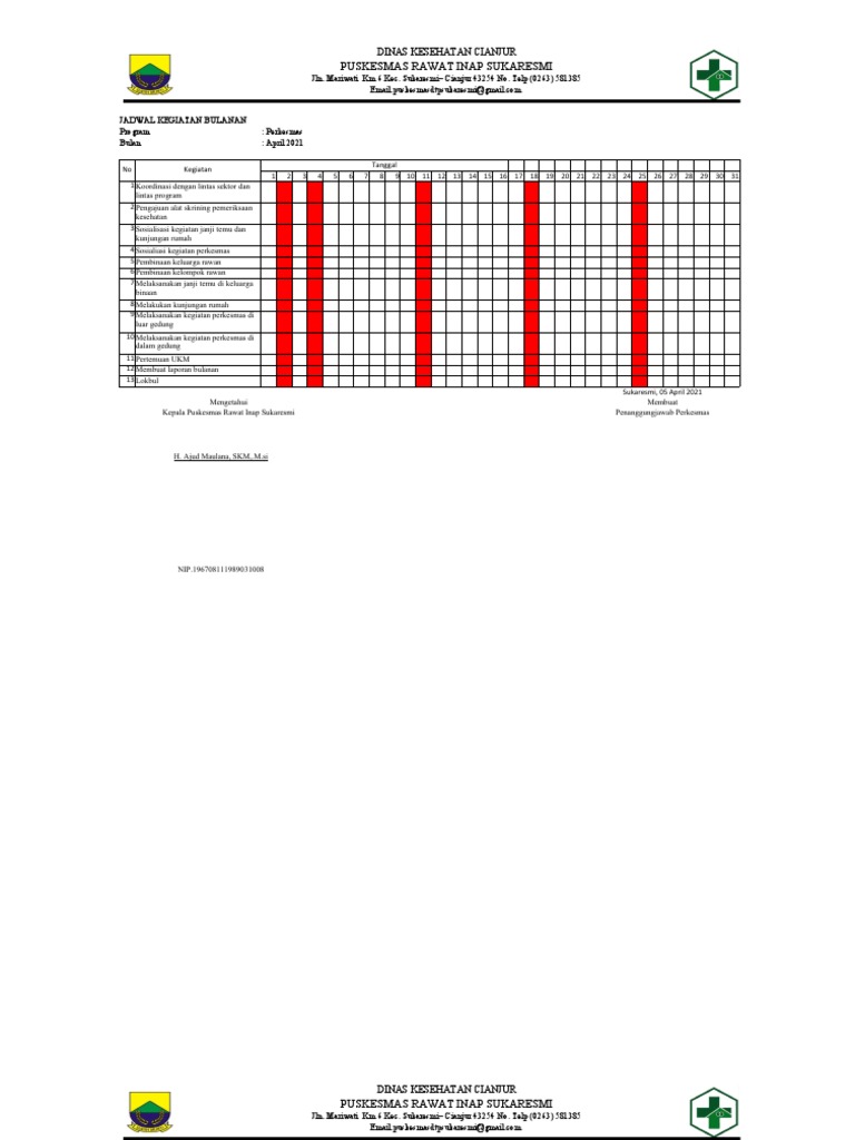 JADWAL PROGRAM KERJA BULANAN PUSKESMAS RAWAT INAP SUKARESMI | PDF