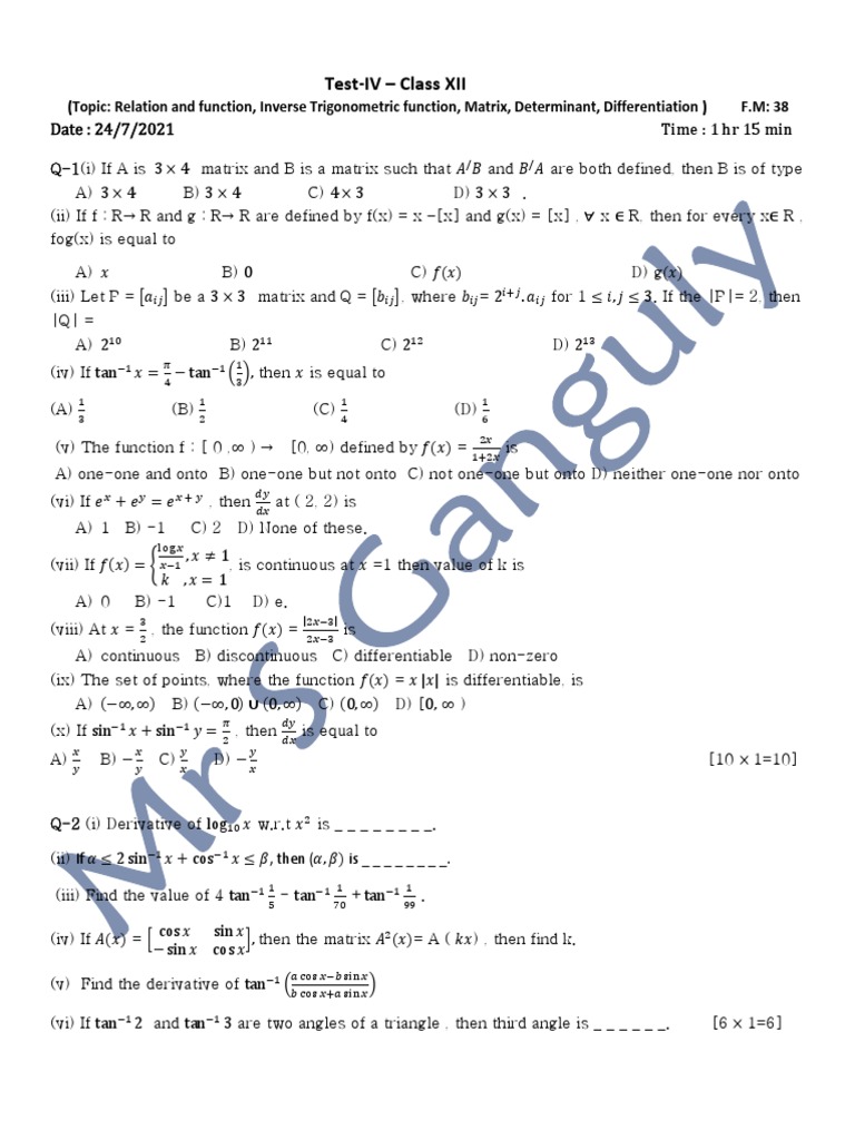 Test-IV - Class XII | PDF | Trigonometric Functions | Function ...