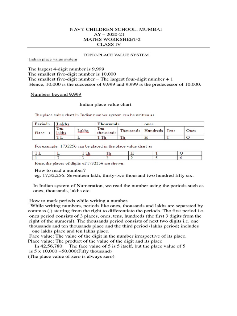 Indian Place Value System Worksheet | PDF | Written Communication ...