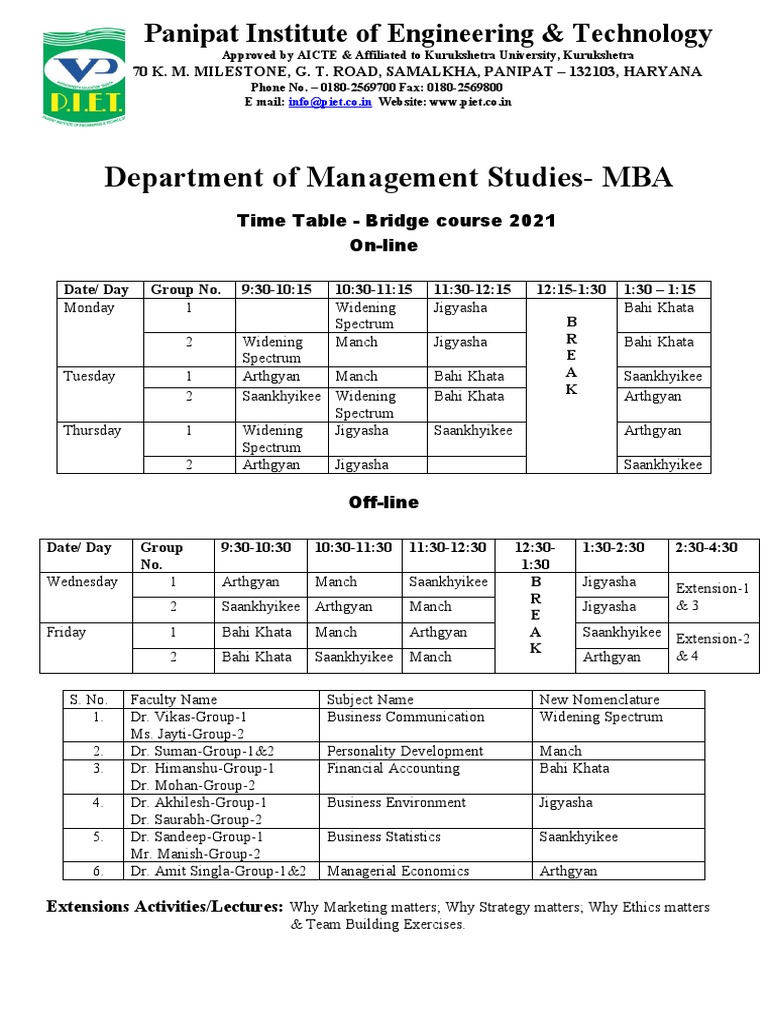 Time Table of Bridge Course | PDF | Business | Economies