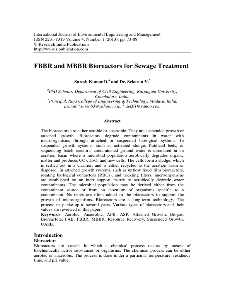 FBBR and MBBR Bioreactors For Sewage Tre | PDF | Sewage Treatment ...