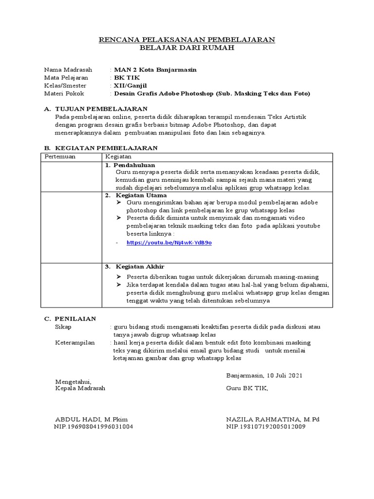 RPP BK TIK Photoshop XII Materi 3 Masking Teks | PDF