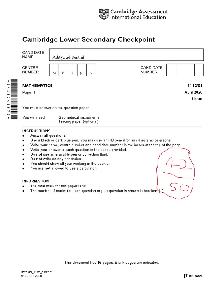 Checkpoint April 2020 Mathematics Paper 1 (Checked) | PDF | Length | Drink