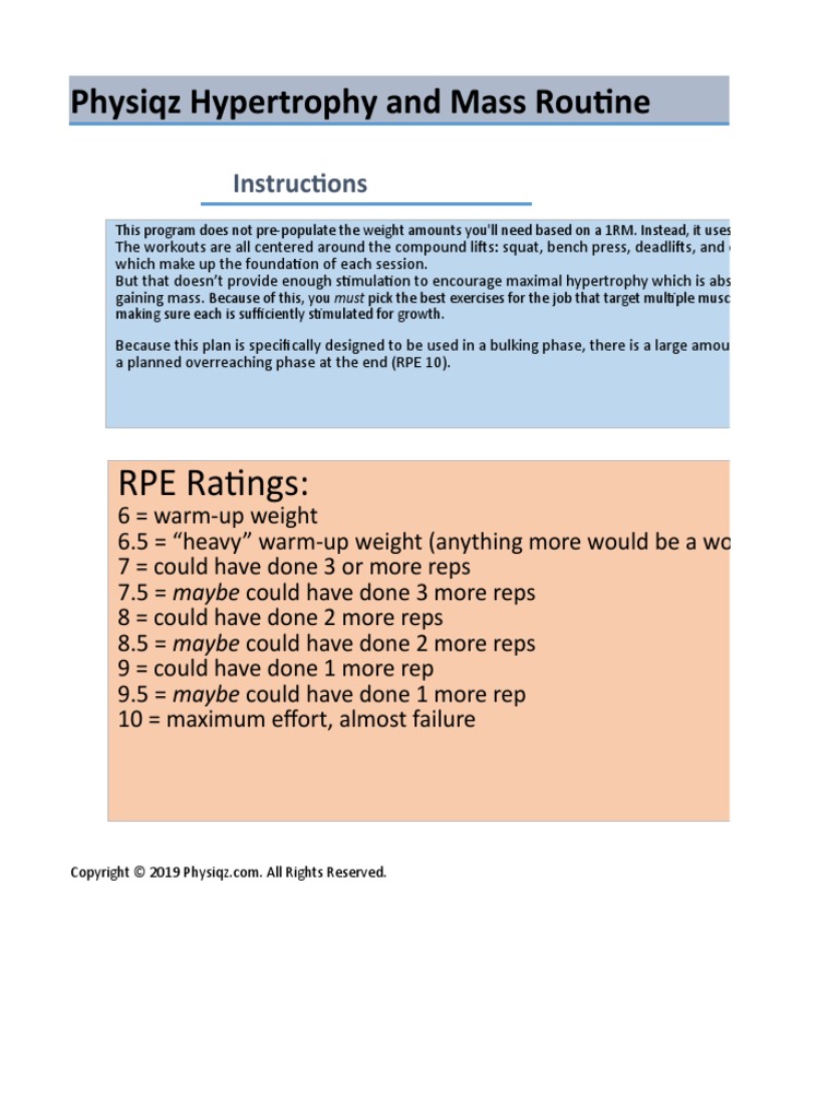 RPE Ratings:: Physiqz Hypertrophy and Mass Routine | PDF | Muscle ...