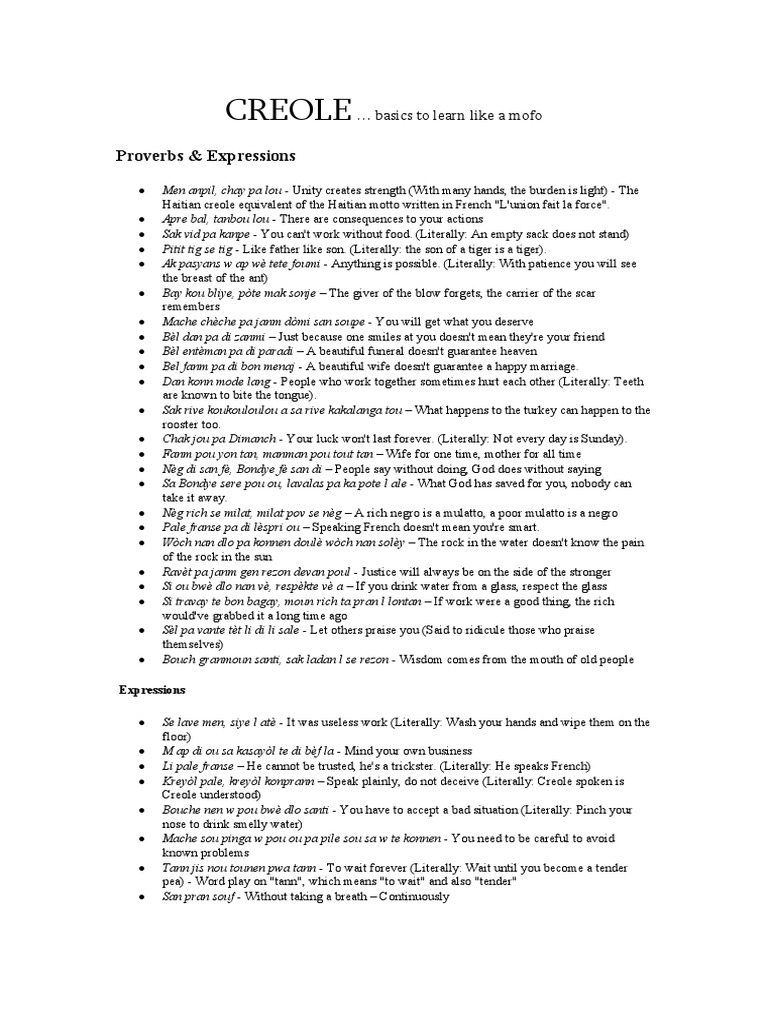 Haitian Creole Basics and Proverbs | PDF | Linguistics | Haiti