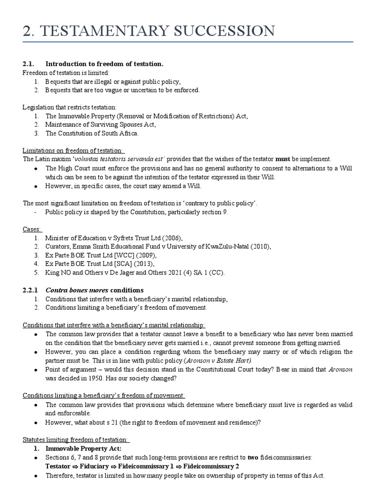 Testamentary Succession: 2.1. Introduction To Freedom of Testation ...