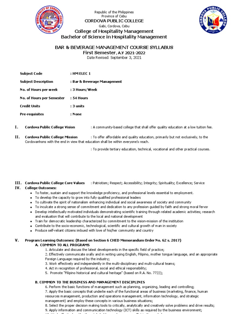 FAce2face Bar Bev Syllabus Maridel Sugarol | PDF | Drink | Cocktails