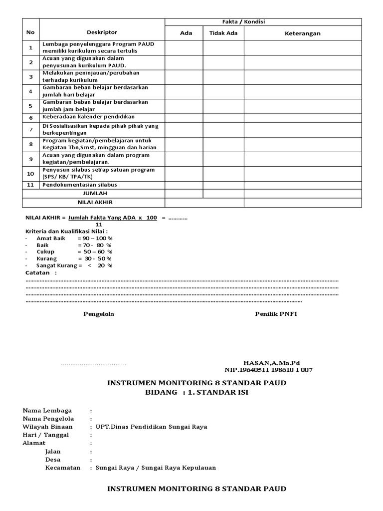 Instrumen 8 Standar Paud | PDF
