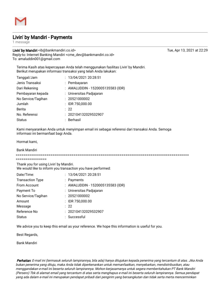 Gmail - Livin' by Mandiri - Payments | PDF | Pengelolaan Keuangan & Uang