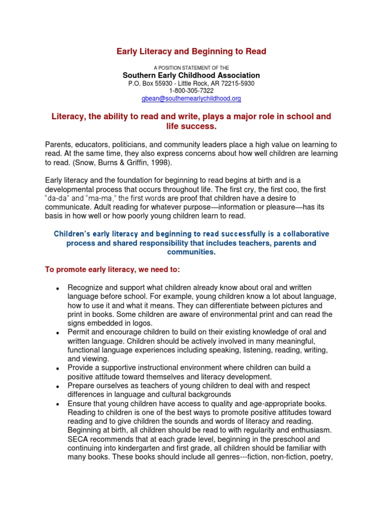 Handout 2.1 Early - Literacy - and - Beginning - To - Read | PDF ...