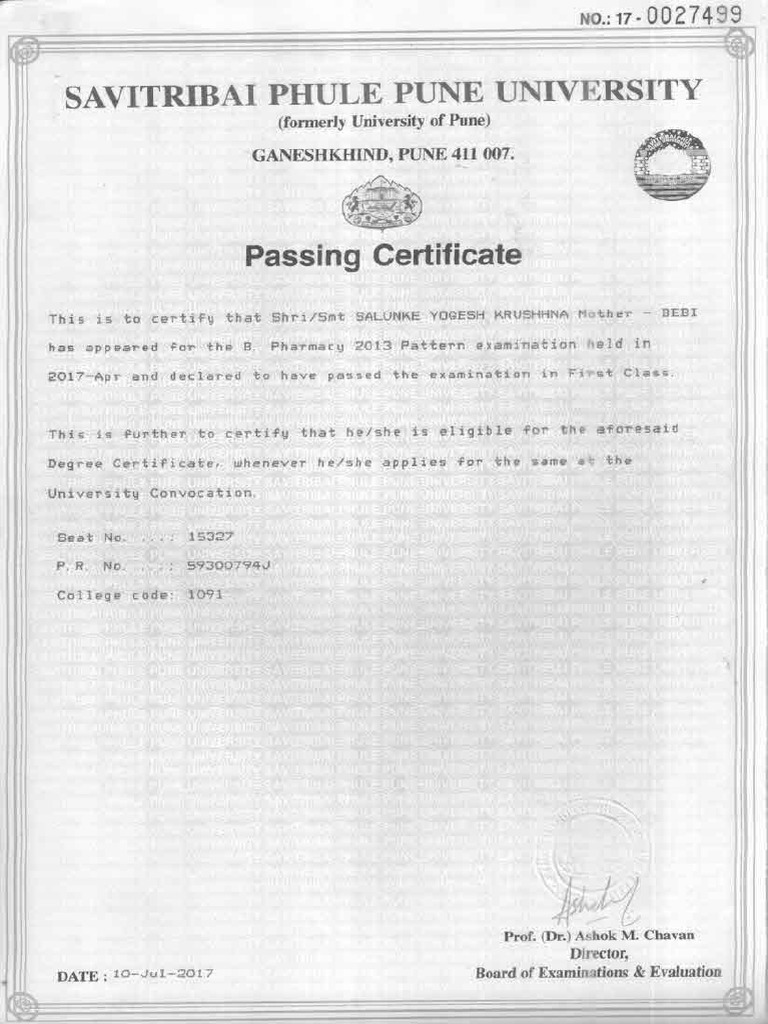B Pharm Passing Certificate | PDF