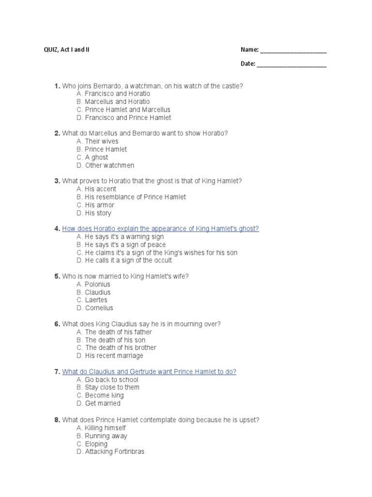 Hamlet, Act I and II Quiz | PDF | Hamlet | Works Based On Literature