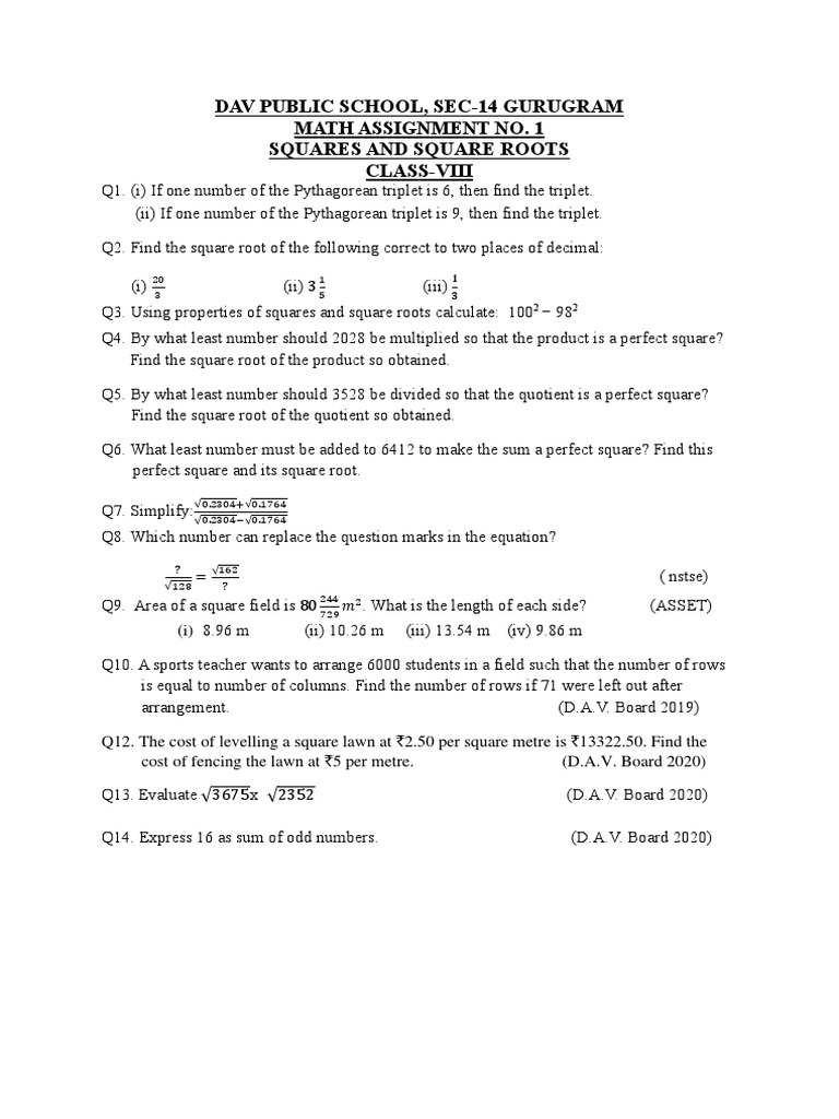 Squares and Square Roots Assignment | PDF