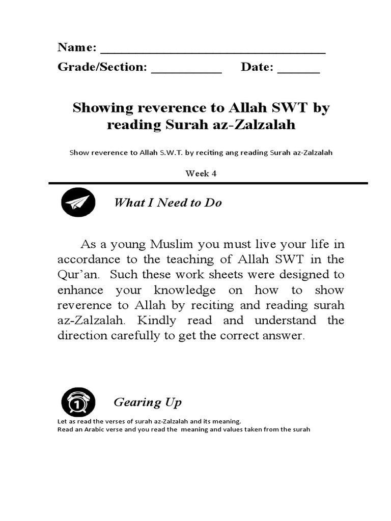 Week 4-Activity-Sheet-Islamic 3 | PDF | Allah | Surah