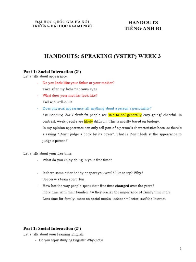 English B1 Speaking Handouts | PDF | Human Communication | Human Nature