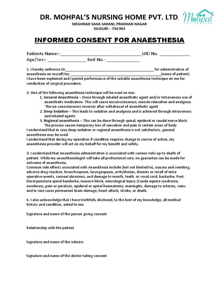 Informed Consent For Anaesthesia | PDF | Anesthesia | Symptoms And ...