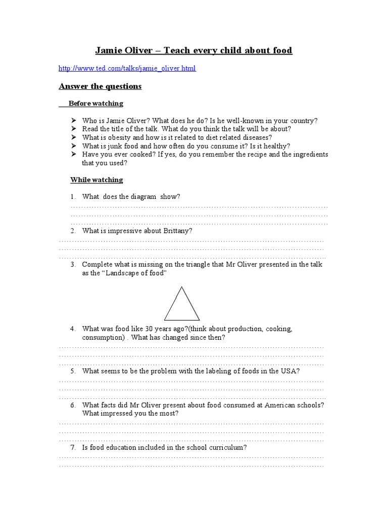 Jamie Oliver - Teach Every Child About Food: Answer The Questions | PDF