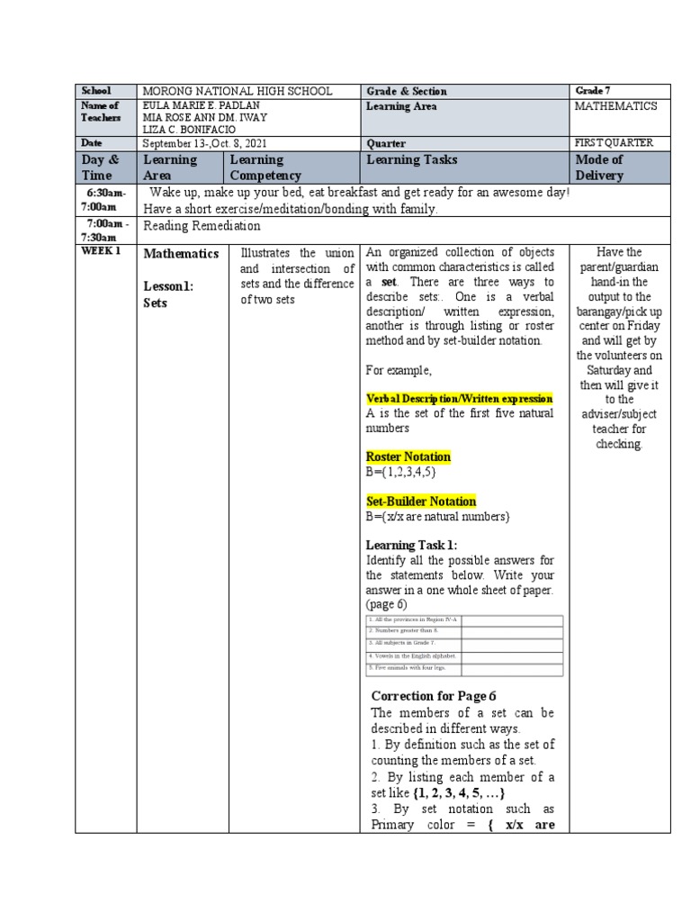 G7 Math WHLP First Quarter | PDF | Set (Mathematics) | Rational Number