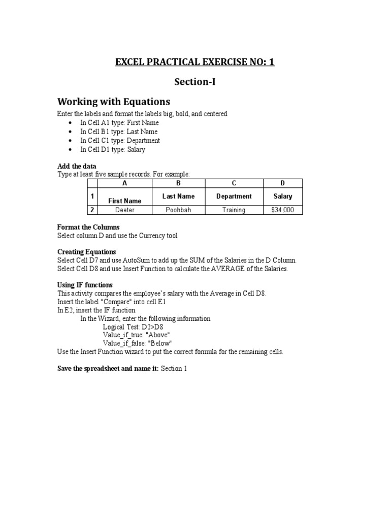 Excel Practical Exercise No: 1 Section-I Working With Equations | PDF ...