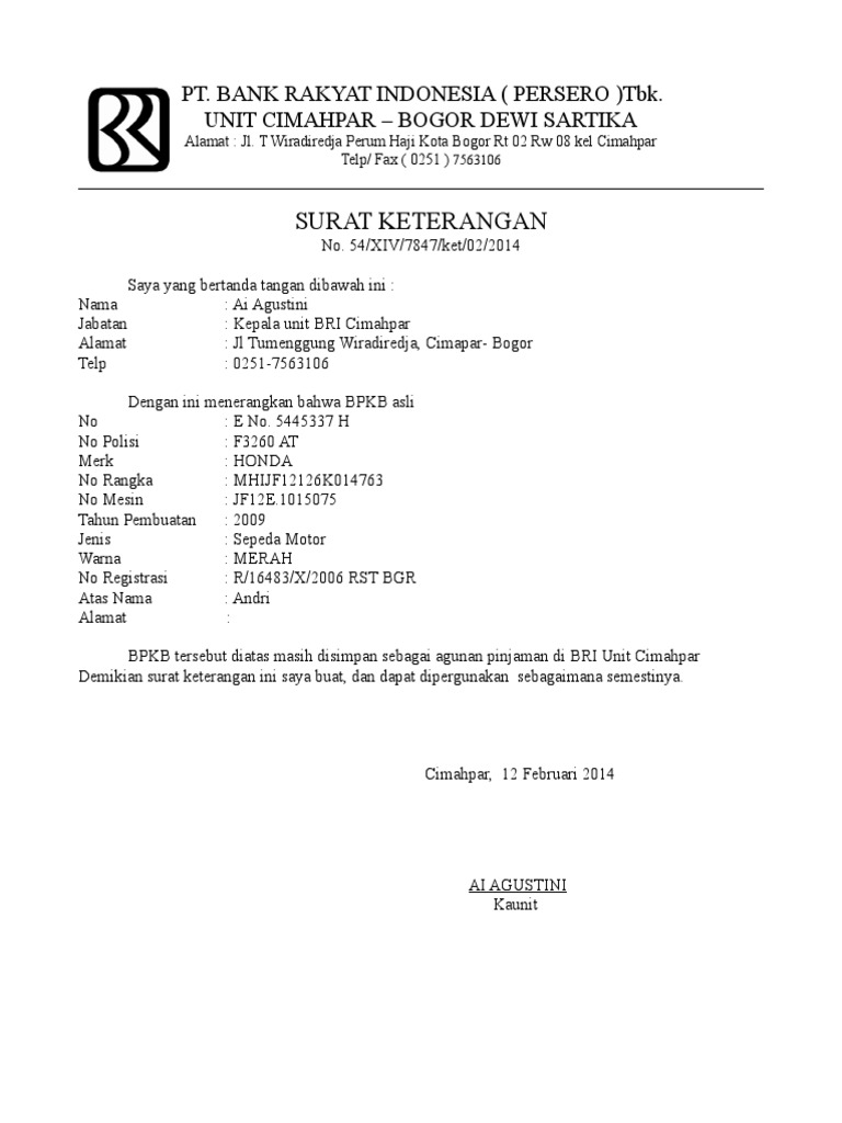 Surat Ket BPKB Dijaminkan | PDF