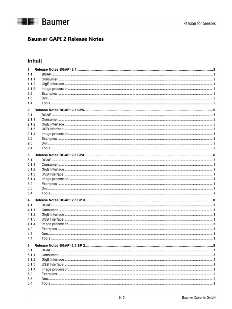 Baumer Gapi 2 Release Notes: 1/15 Baumer Optronic GMBH Radeberg ...