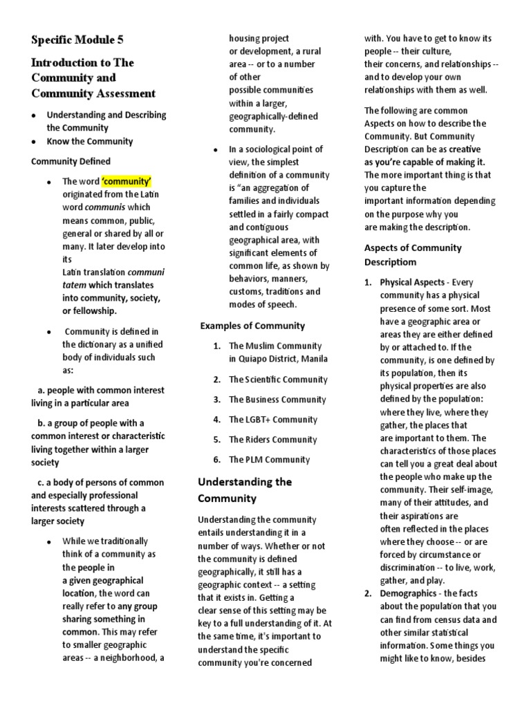 Specific Module 5 Introduction To The Community and Community ...