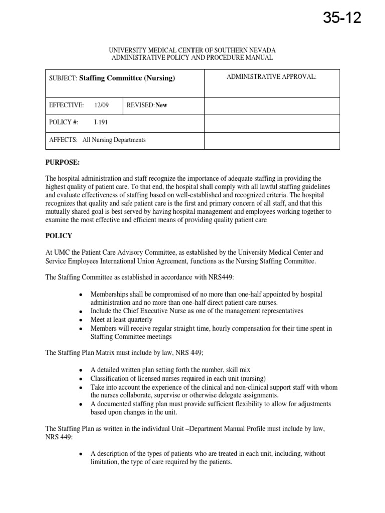 Staffing Committee (Nursing) : Purpose | PDF | Nursing | Hospital