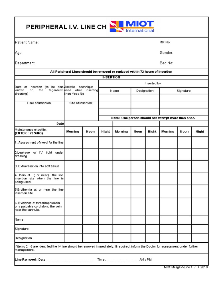 Peripheral IV Line Checklist | PDF