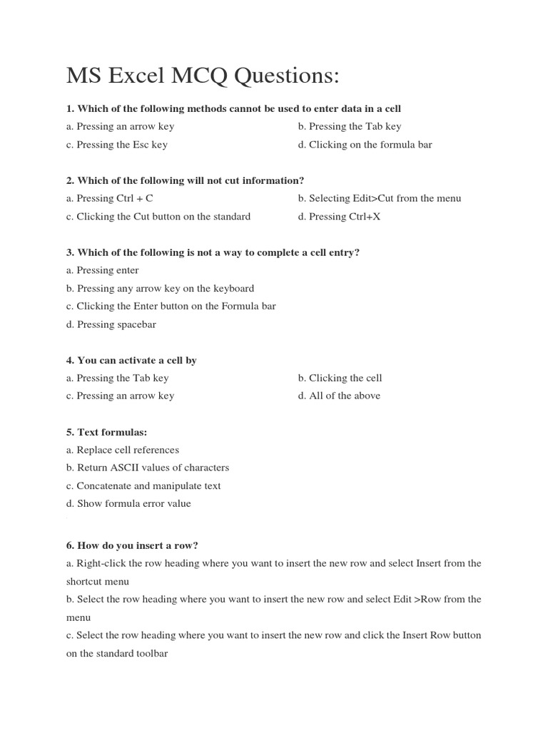 MS Excel MCQ Questions | PDF | Microsoft Excel | Spreadsheet