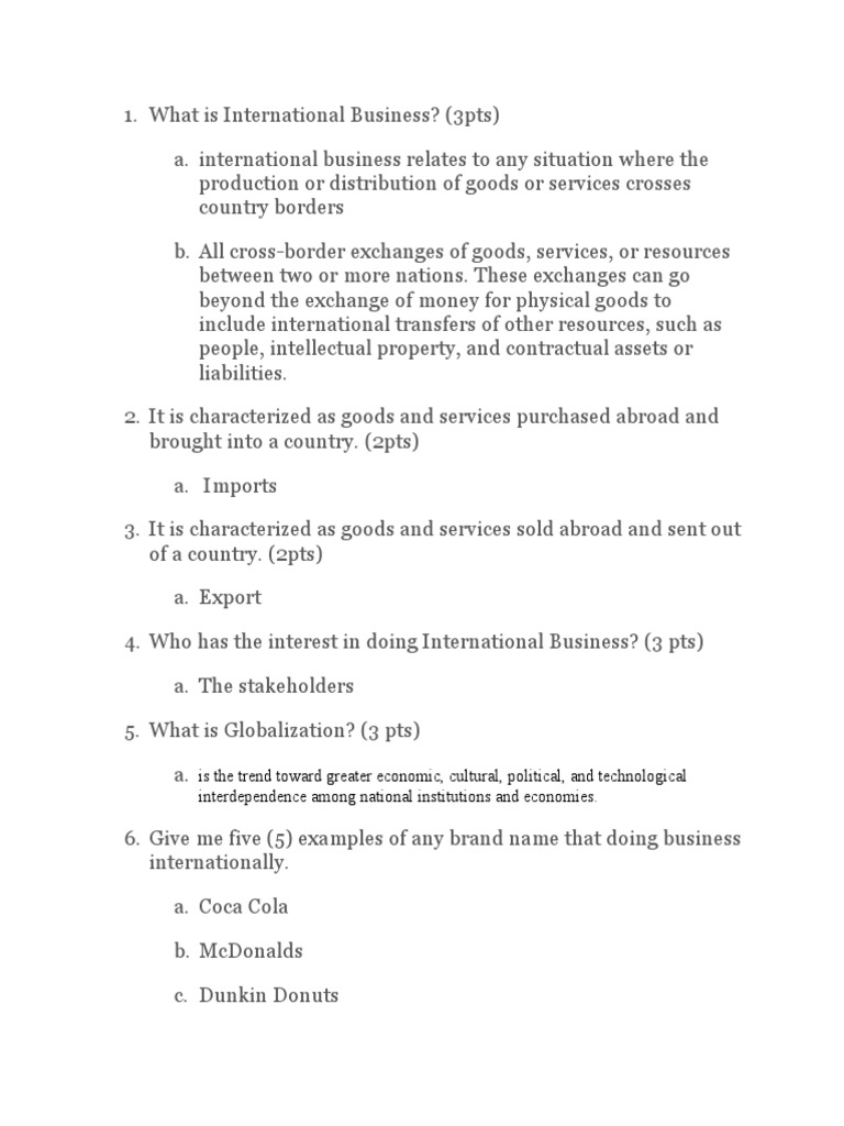 International Business Trade Quiz 1 | PDF | Business