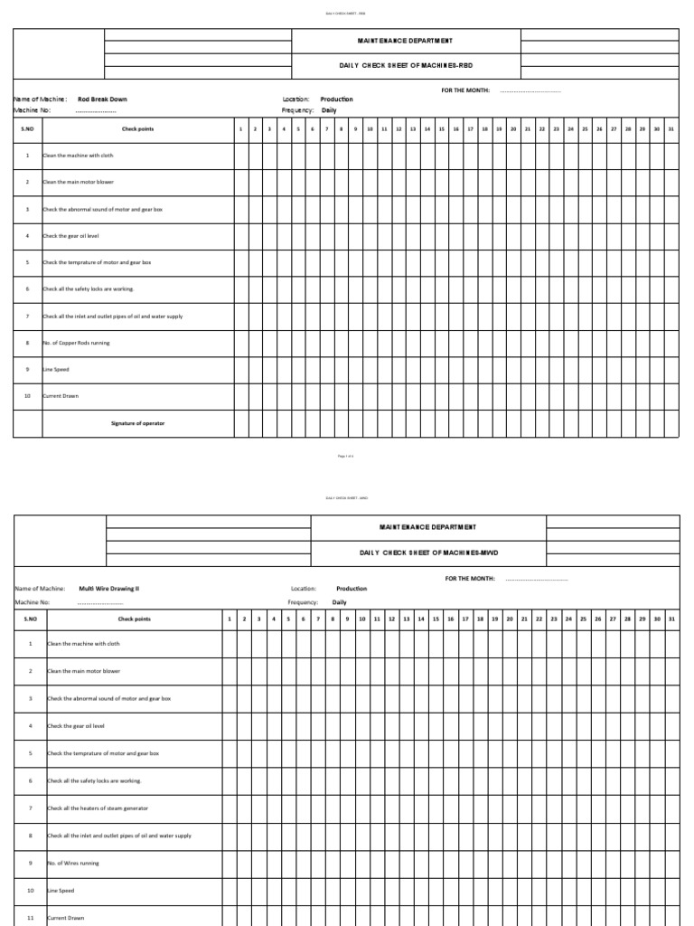 Daily Check Sheet of All Machines | PDF | Equipment | Electrical ...