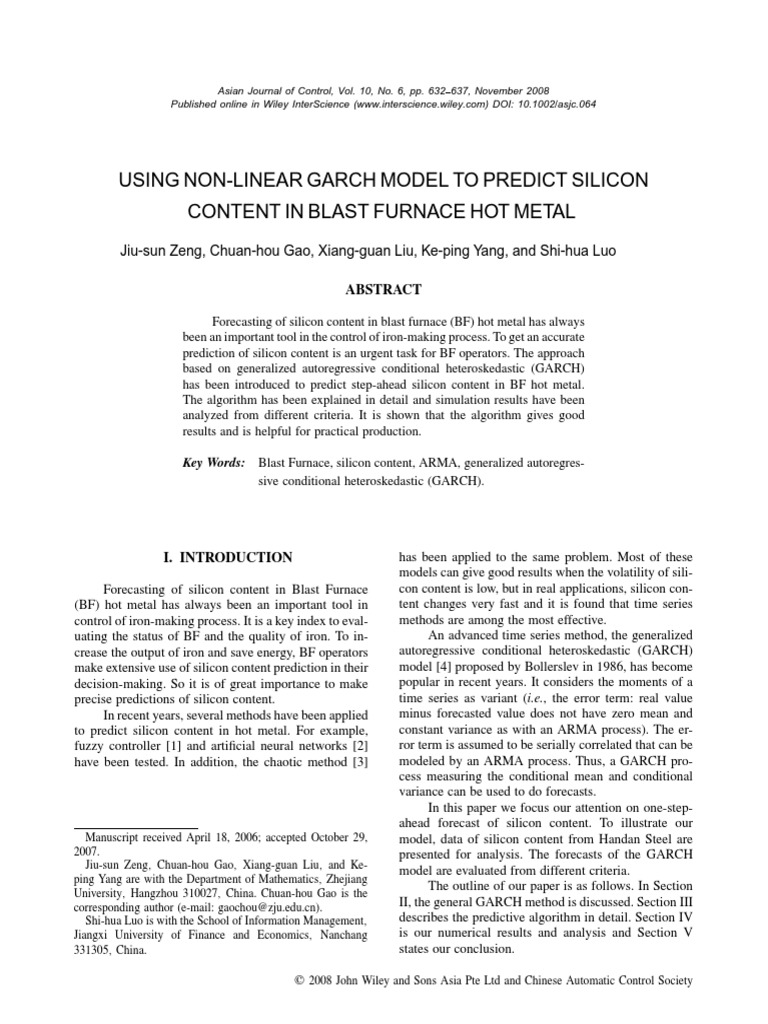 Using Non-Linear Garch Model To Predict Silicon Content in Blast Furnace Hot Metal | PDF ...