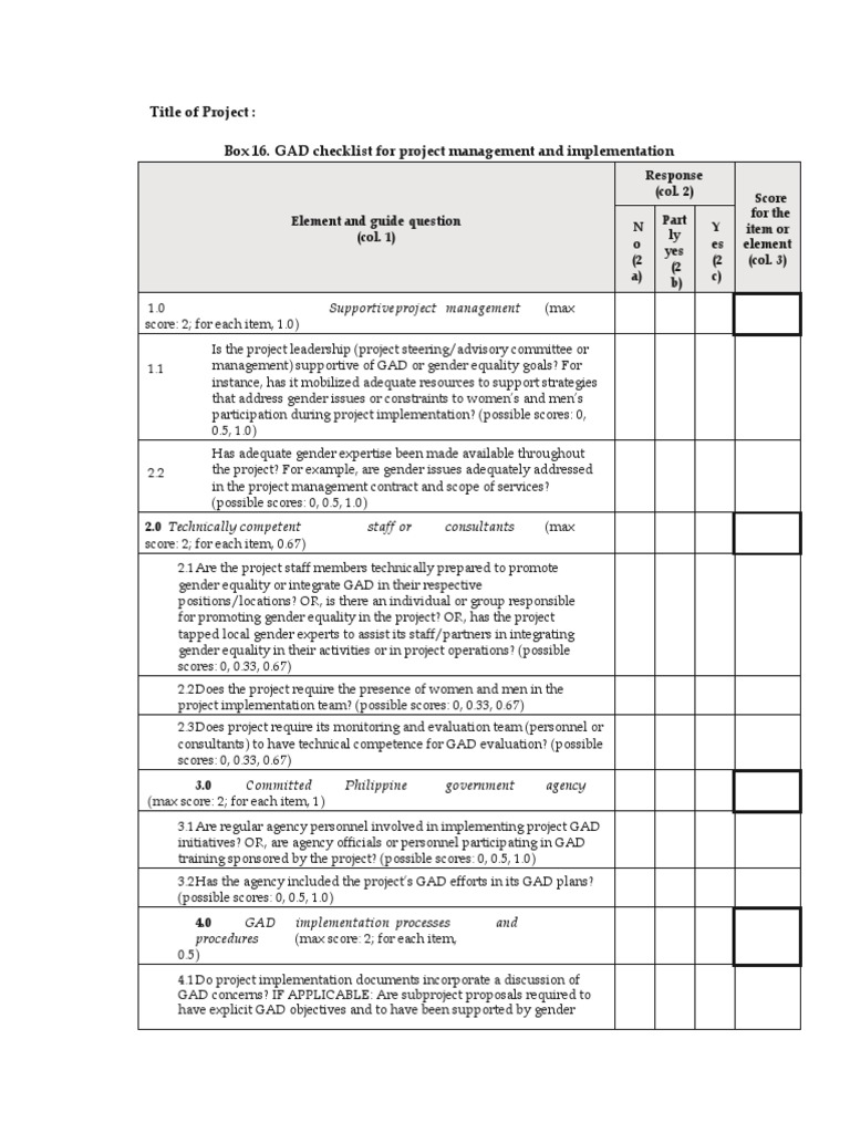 Title of Project: Box 16. GAD Checklist For Project Management and ...