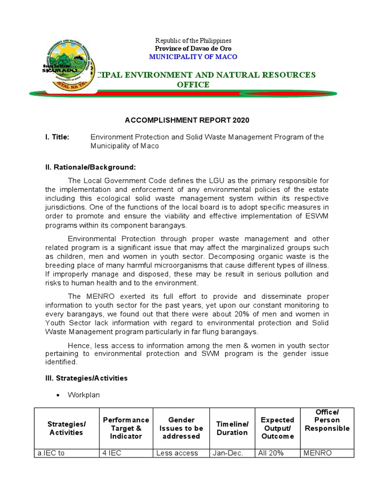 MENRO GAD 2020 Accomplishment Report | PDF | Environmental Protection ...