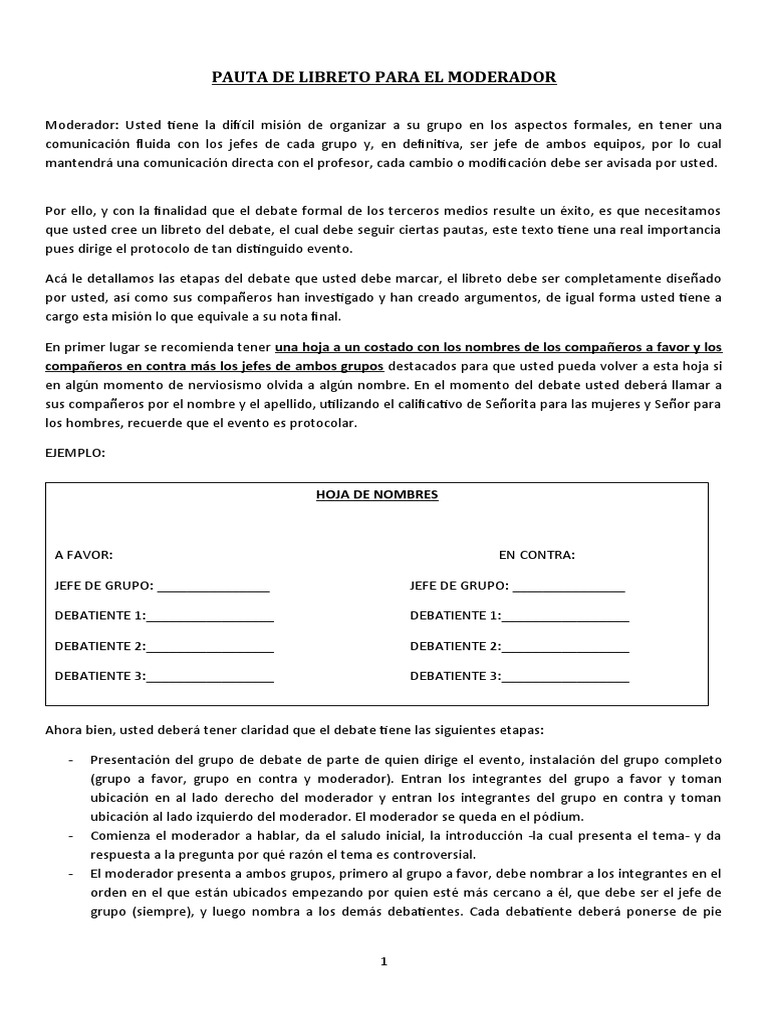 TRABAJO DEBATE MODERADOR Libreto | PDF