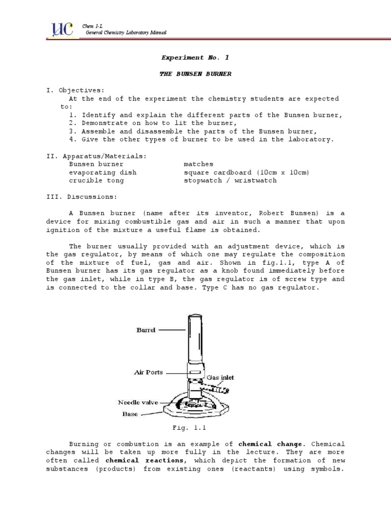 Experiment No. 1 The Bunsen Burner: Chem 1-L General Chemistry ...