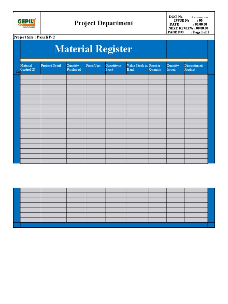 Panoli P-2 Material Register Overview | PDF