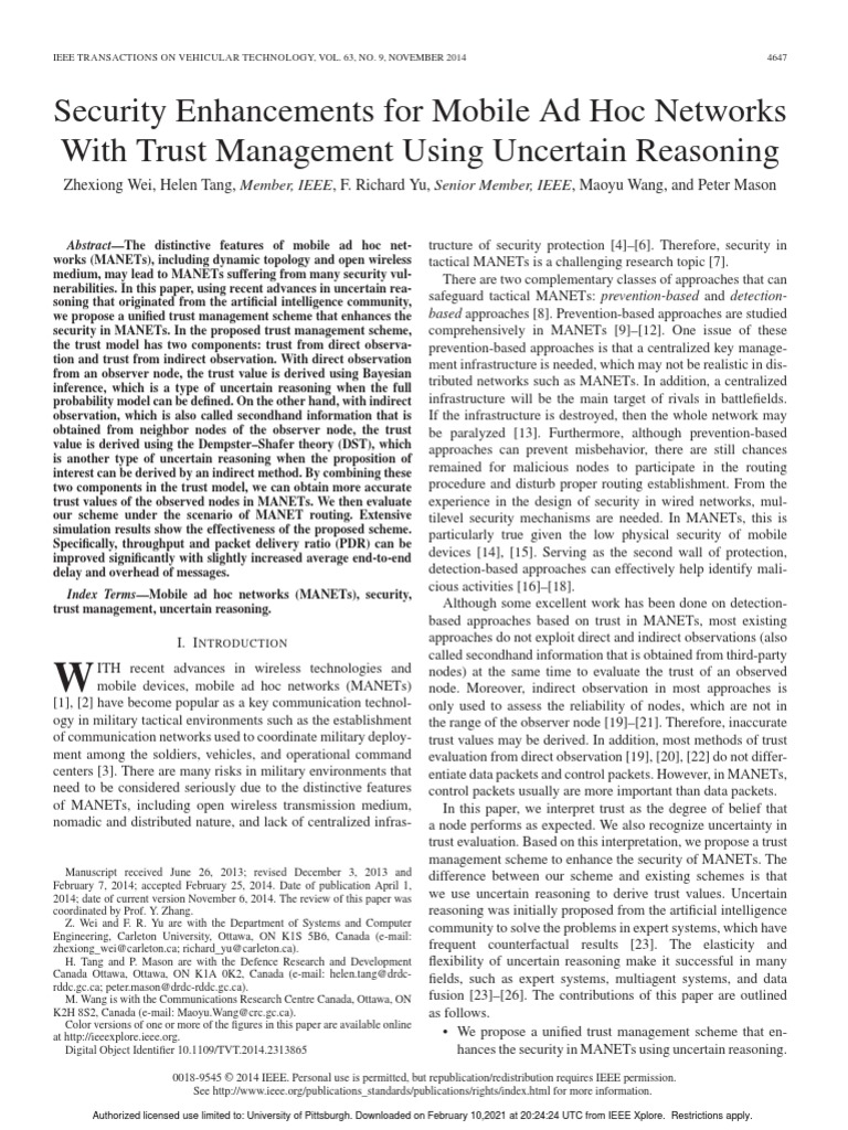 Security Enhancements For Mobile Ad Hoc Networks With Trust Management ...