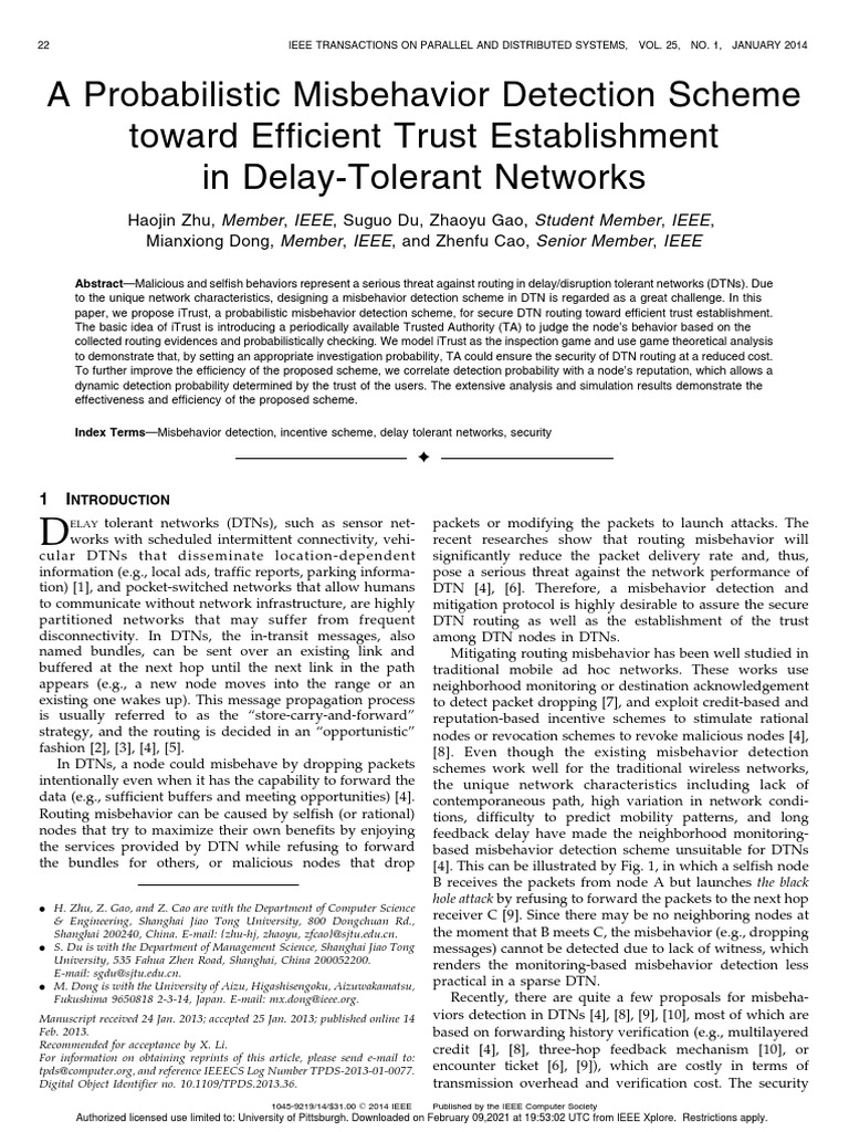 A Probabilistic Misbehavior Detection Scheme Toward Efficient Trust Establishment in Delay ...