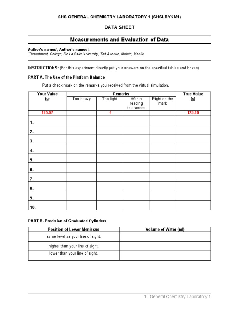 Chemistry Lab Data Sheet Guide | PDF | Significant Figures | Metrology