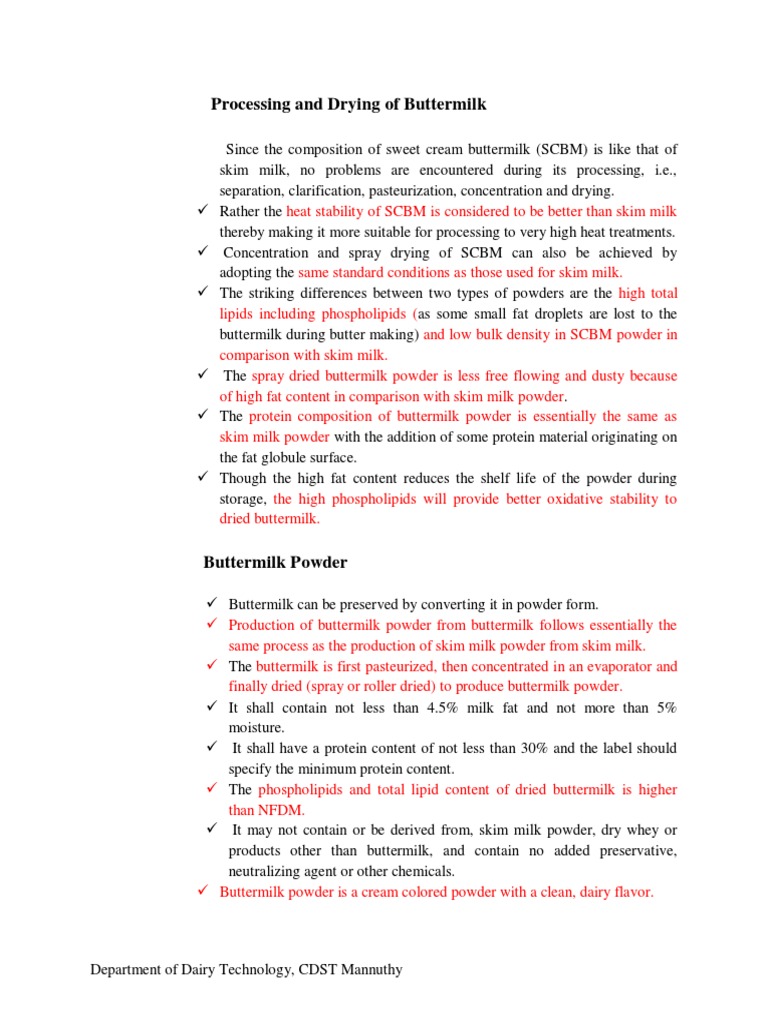 Processing of Buttermilk Notes | PDF | Milk | Powdered Milk