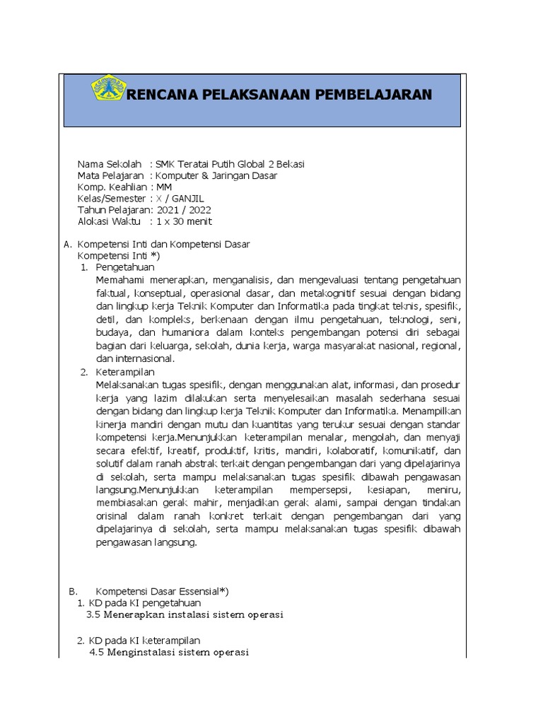 Format RPP 2 Komputer & Jaringan Dasar TP2 THN 2021 Kelas X | PDF