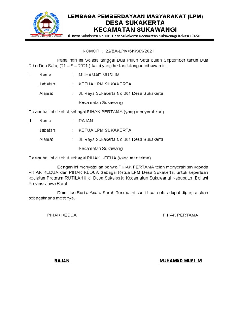 Surat Berita Acara LPM Desa SukaKerta - Kop LPM | PDF